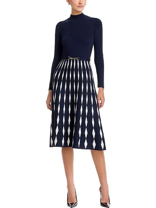 T Tahari Mock Neck Flared Diamond Jacquard Dress - Navy/ White