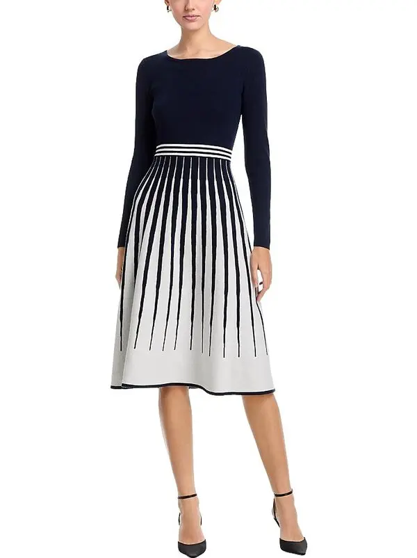 T Tahari Long Sleeve Round Neck Sweater Dress - Navy/ White