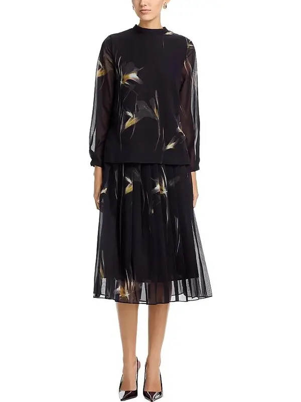 NANCY YANG Printed Long Sleeve Top And Pleated Midi Skirt Set - Black