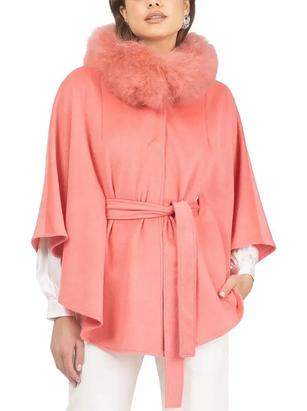 Gorski Wool Cape With Lamb Collar - Coral