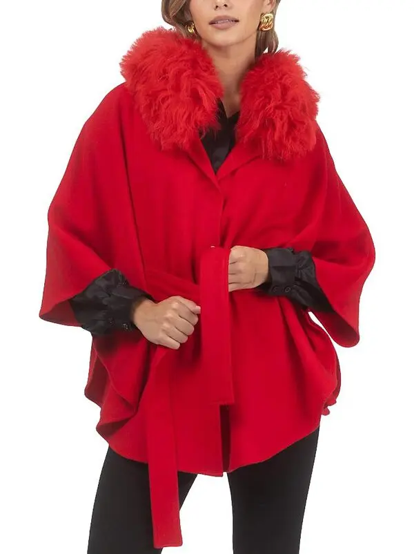 Gorski Wool Cape With Lamb Collar - Red