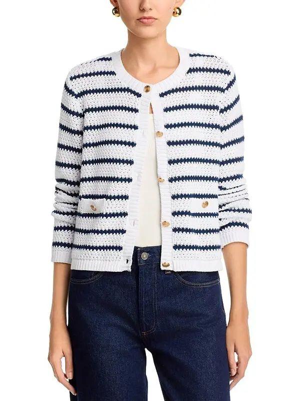 SINGLE THREAD Stripe Button-front Cardigan - Bright White/ Navy