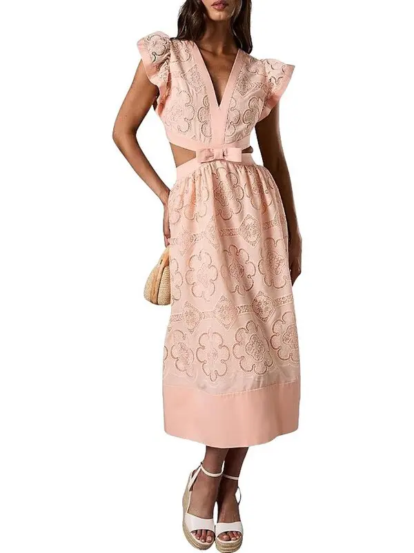 Coast V-neck Cut Out Lace Midi Dress - Peach