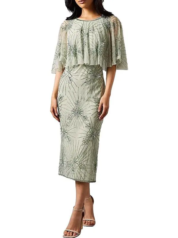 Coast Floral Embellished Cape Midi Dress - Sage
