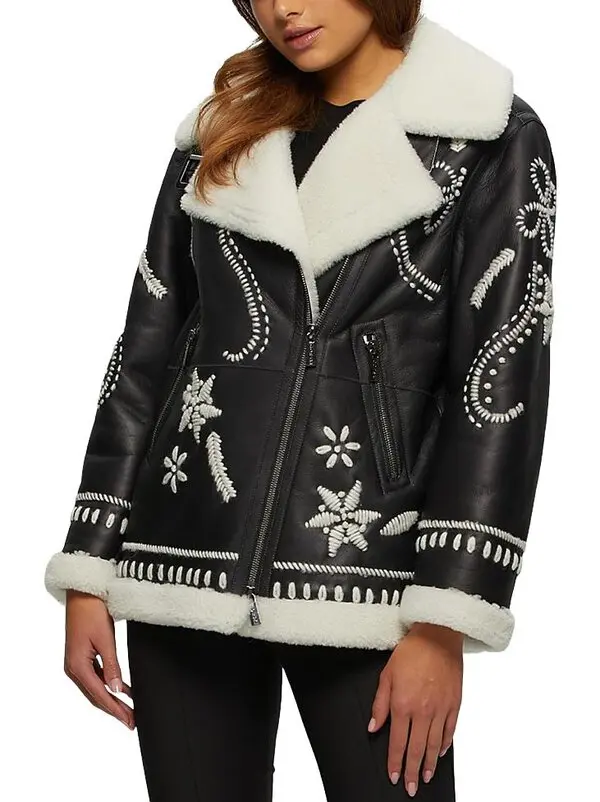 Gorski Shearling Lamb Zip Jacket With Wool Embroidery - Black/white