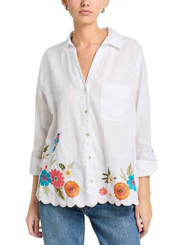 Johnny Was Embroidered Linen Blouse - White