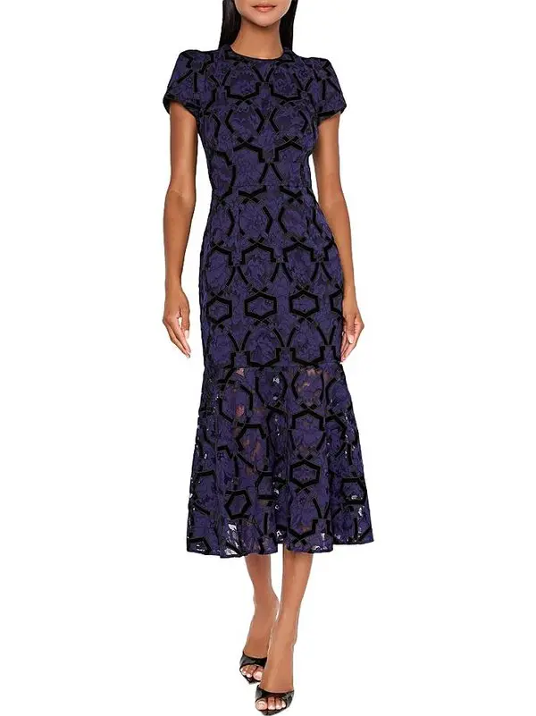 MILLY Tahlia Velvet Lace Midi Dress - Navy/black