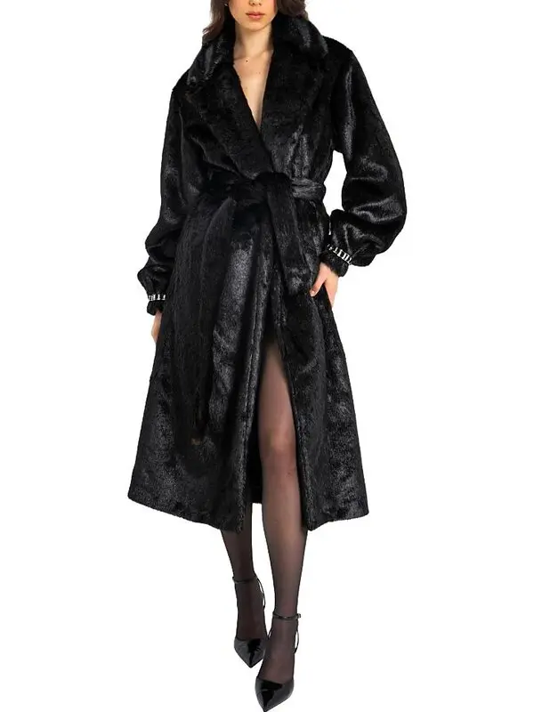 MISS CIRCLE NEW YORK Yahia Long Faux Fur Coat - Black