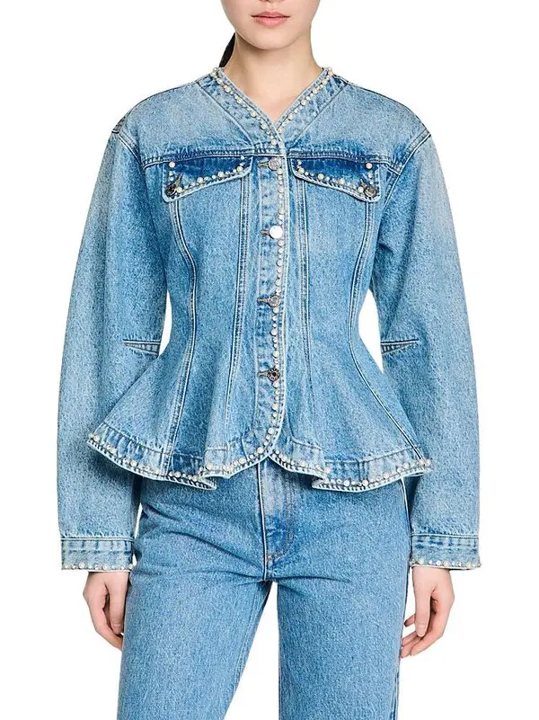 Sandro Beaded Denim Jacket - Blue Jean