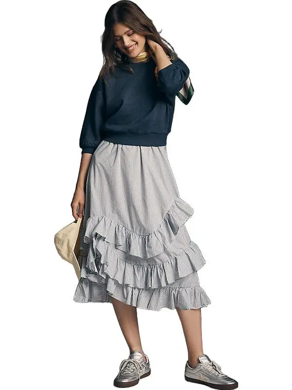 Maeve Twofer Ruffle Sweatshirt Dress - Grey Blue/ivory Stripe