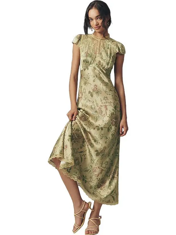 Bhldn Everly Satin Lace Maxi Dress - Green Floral