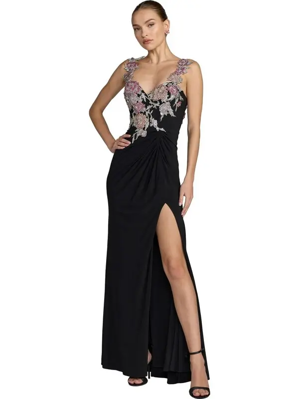 Mac Duggal Jersey Gown With Beaded Floral Appliqués - Black Multi