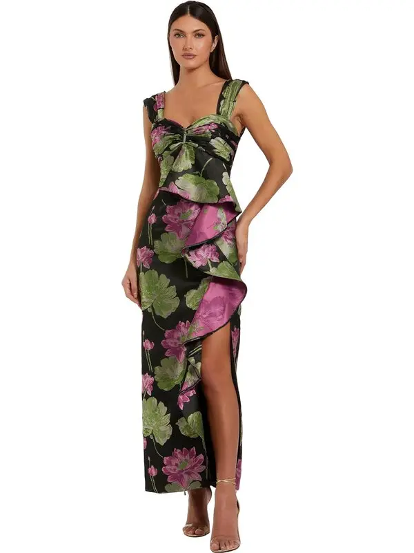 Mac Duggal Floral Jacquard Ankle Length Gown With Ruffle - Black Multi