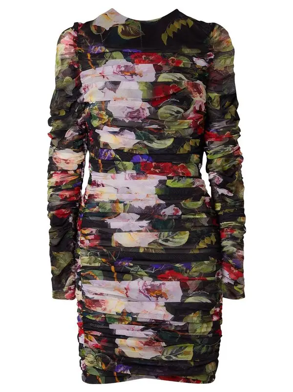 Dolce & Gabbana Ruched Floral-print Mini Dress - Black