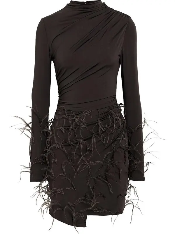 Lapointe Feather-trimmed Ruched Mini Dress - Dark Brown