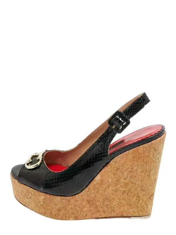 Carolina Herrera Snakeskin Embossed Wedge Sandals - Black