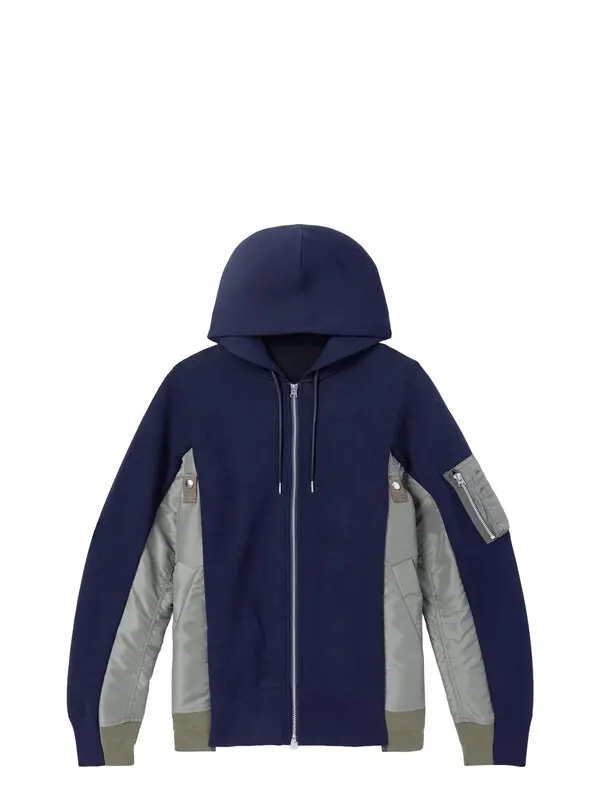 Sacai Ma-1 Nylon-trimmed Cotton-blend Jersey Zip-up Hoodie - Blue