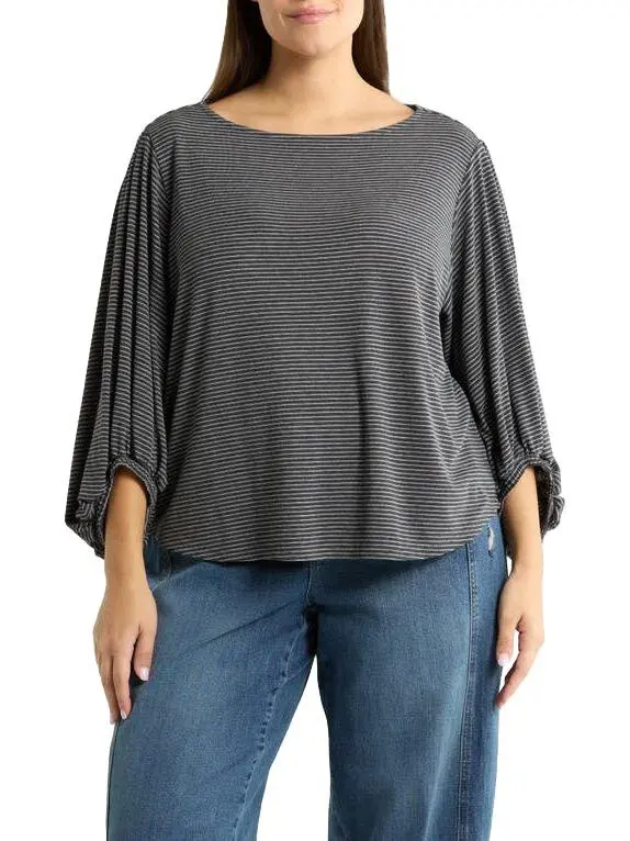 Wit & Wisdom Stripe Balloon Sleeve Knit Top - Heather Charcoal