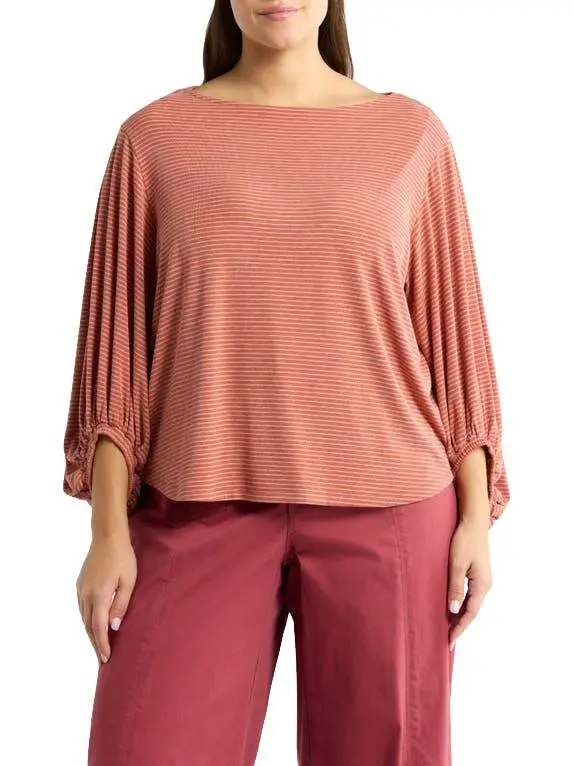 Wit & Wisdom Stripe Balloon Sleeve Knit Top - Heather Sandalwood Blush