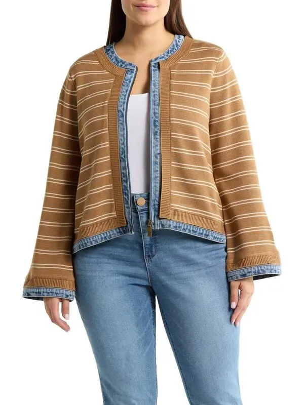 Wit & Wisdom Mixed Media Denim Trim Jacket - Caramel Latte/ivory