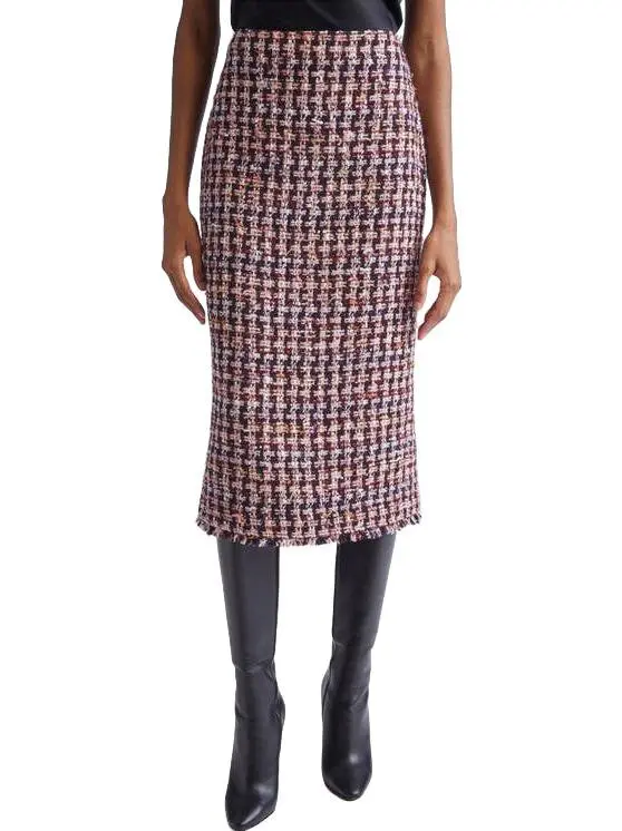 St. John Fringe Houndstooth Tweed Pencil Skirt - Bordeaux Ecru Multi