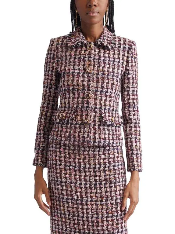 St. John Fringe Houndstooth Tweed Jacket - Bordeaux Ecru Multi