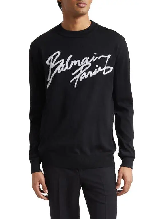 Balmain Paris Logo Intarsia Merino Wool Blend Sweater - Black/white