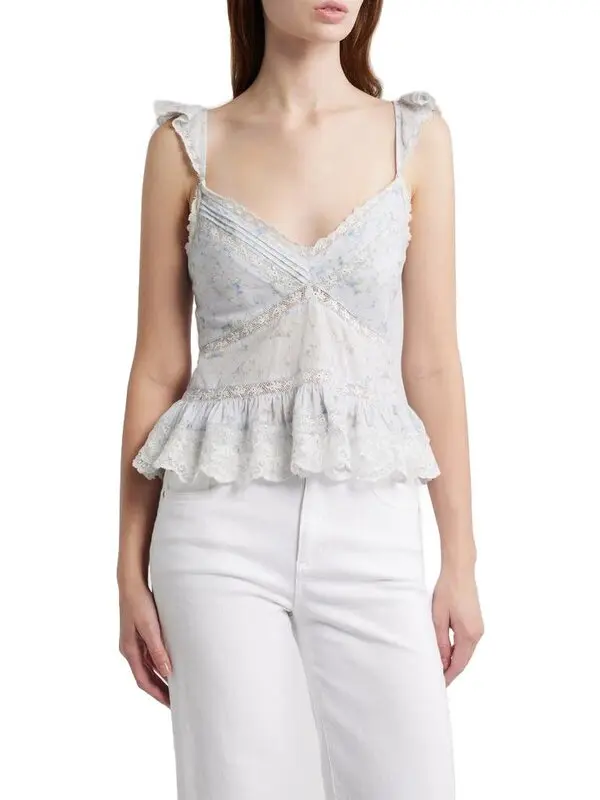 LoveShackFancy Lainie Floral Lace Peplum Camisole - Snowdrop Blue