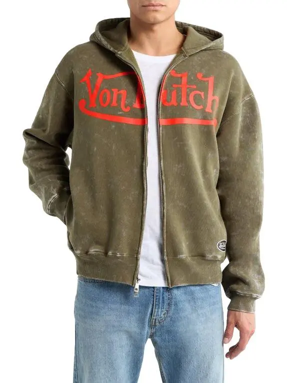 VON DUTCH Oversize Fleece Zip Hoodie - Olive Night Mineral Wash