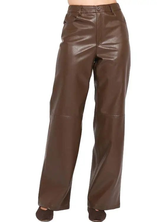 PETAL & PUP Emer High Waist Straight Leg Faux Leather Pants - Chocolate Brown