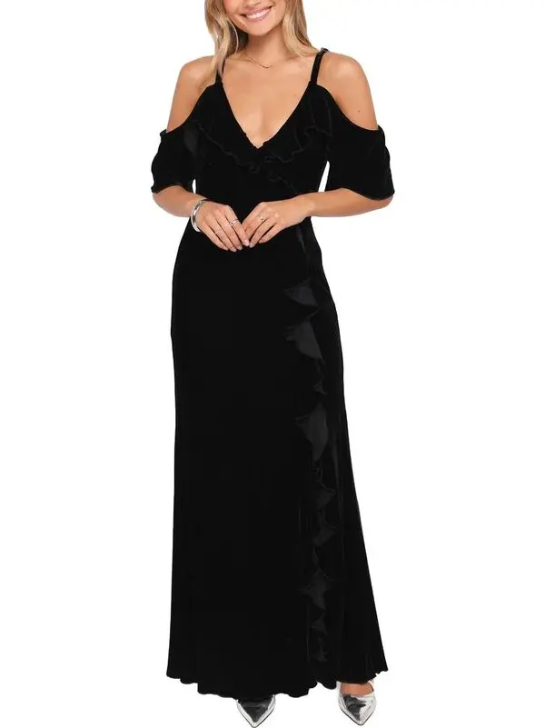 PETAL & PUP Micah Cold Shoulder Velvet Gown - Black
