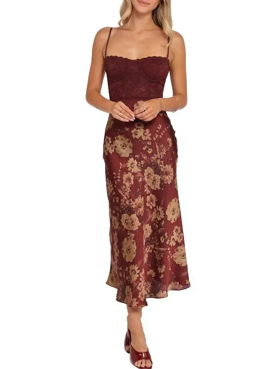 PETAL & PUP Shakira Mixed Media Floral Midi Dress - Bronzed Merlot