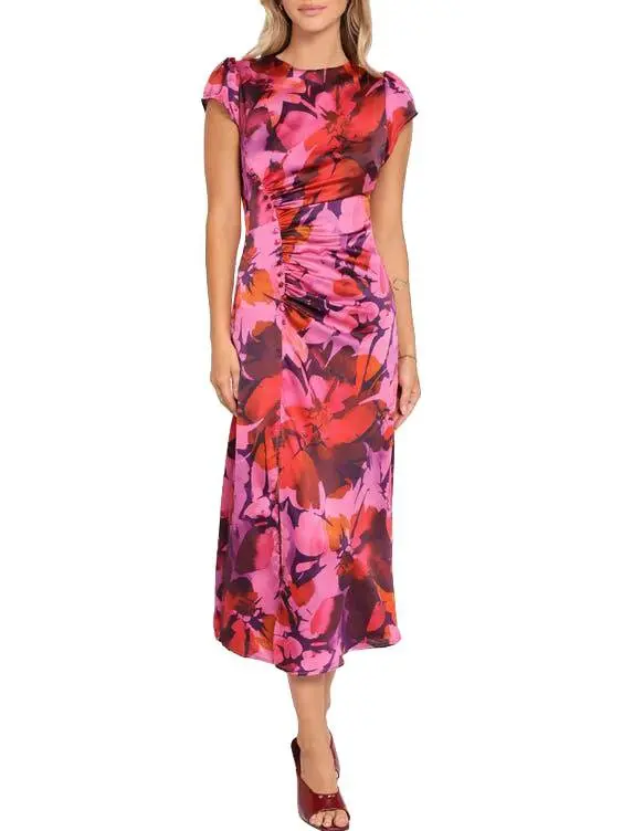 PETAL & PUP Lisbeth Floral Satin Midi Dress - Magenta Floral