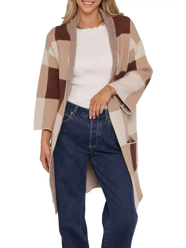 PETAL & PUP Ecoya Check Longline Cardigan - Brown Plaid