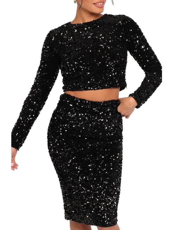 PETAL & PUP Quinne Sequin Crop Top - Black