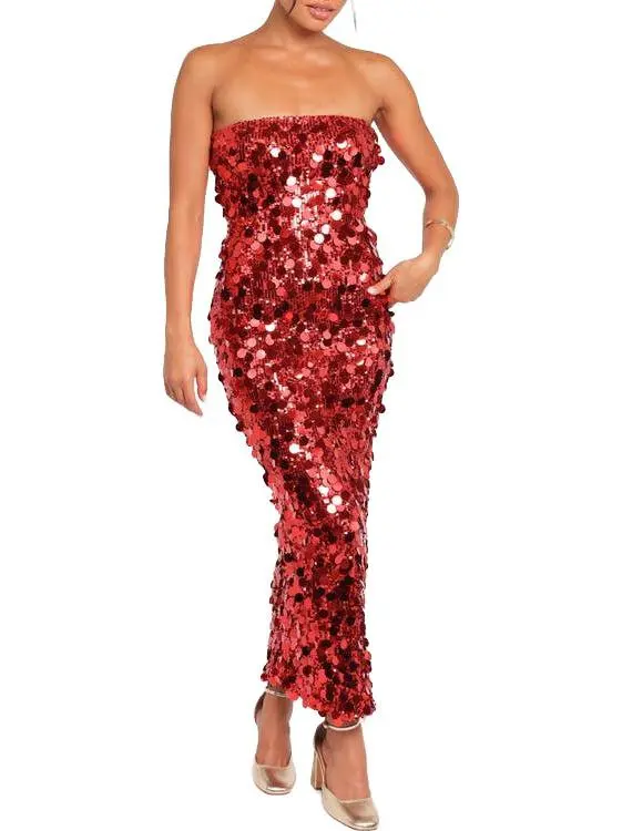 PETAL & PUP Karlie Sequin & Paillette Strapless Maxi Dress - Red