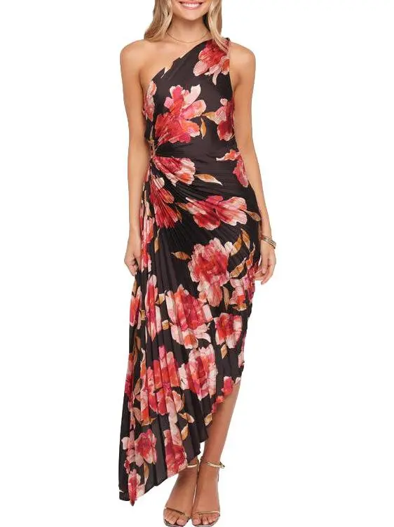 PETAL & PUP Floral Pleated One-shoulder Satin Dress - Midnight Orchid