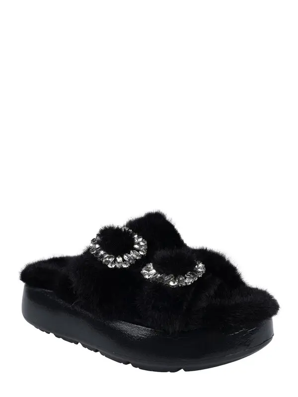 ZIGINY Faux Fur Platform Slide Sandal - Black