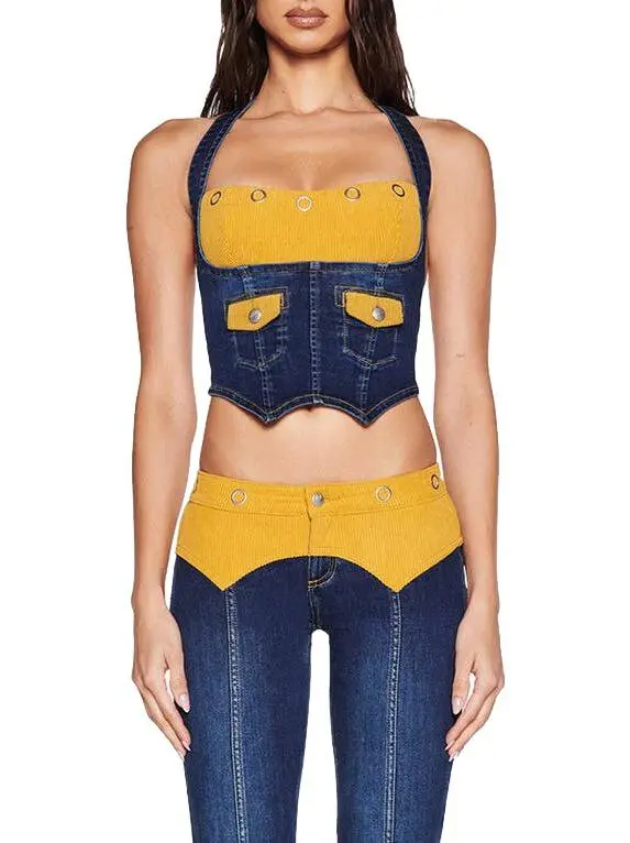 I.AM.GIA Tommie Mixed Media Halter Corset Top - Dark Wash