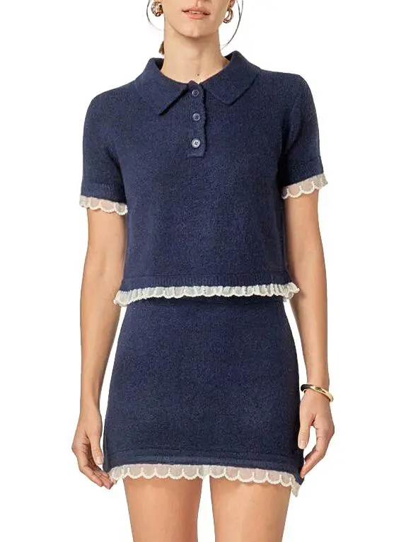 English Factory Faux Pearl Embellished Polo Sweater - Navy
