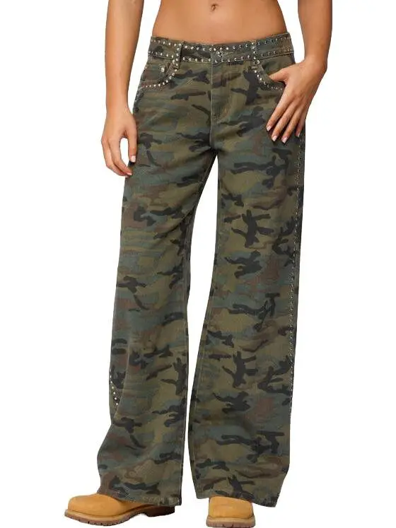 EDIKTED Studded Camo Baggy Jeans - Olive-washed