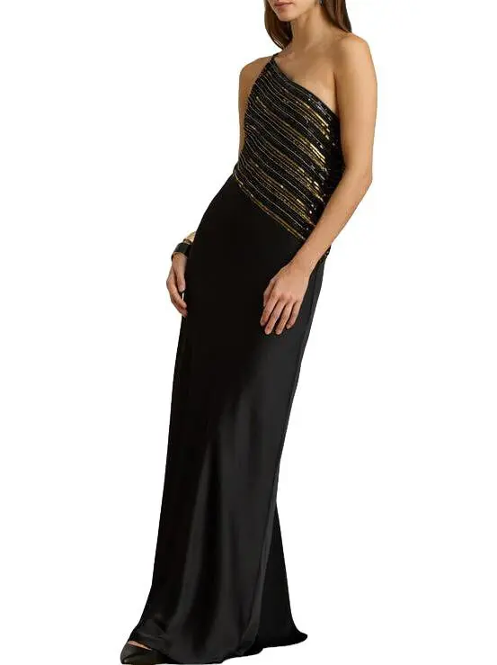Ralph Lauren Beaded Mesh One-shoulder Gown - Black/gold
