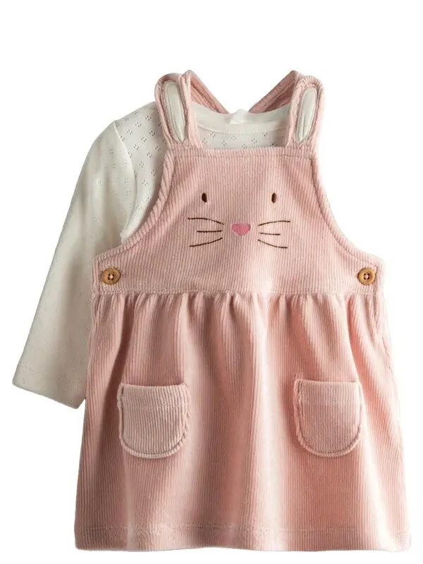 JOJO MAMAN BEBE Long Sleeve Pointelle Knit Bodysuit & Bunny Corduroy Pinafore Dress Set - Pale Pink