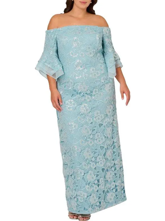 Adrianna Papell Sequin Lace Off-the-shoulder Column Gown - Airy Aqua