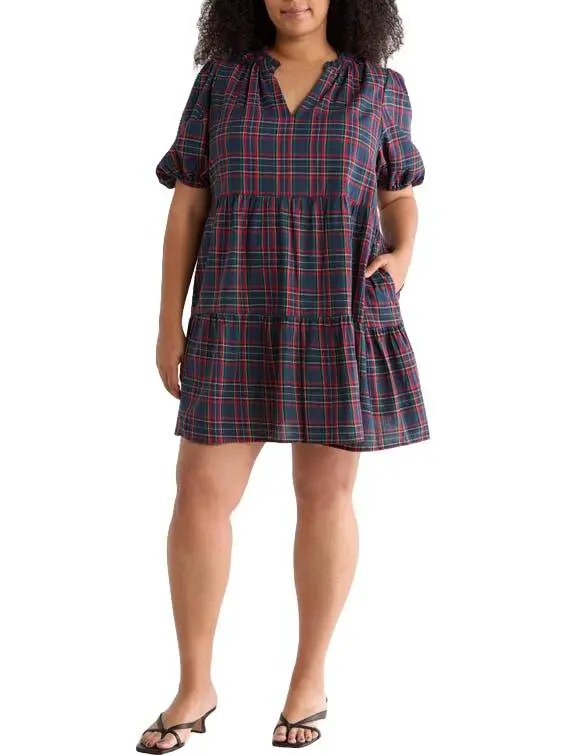 SUGARLIPS Chapman Plaid Puff Sleeve Dress - Navy-multi