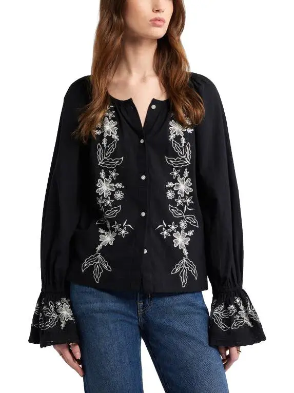 Treasure & Bond Embroidered Front Button Top - Black-ivory Embroidered Floral