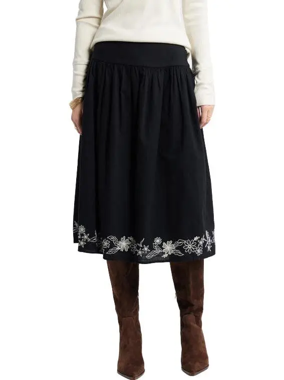 Treasure & Bond Embroidered Hem Cotton Midi Skirt - Black