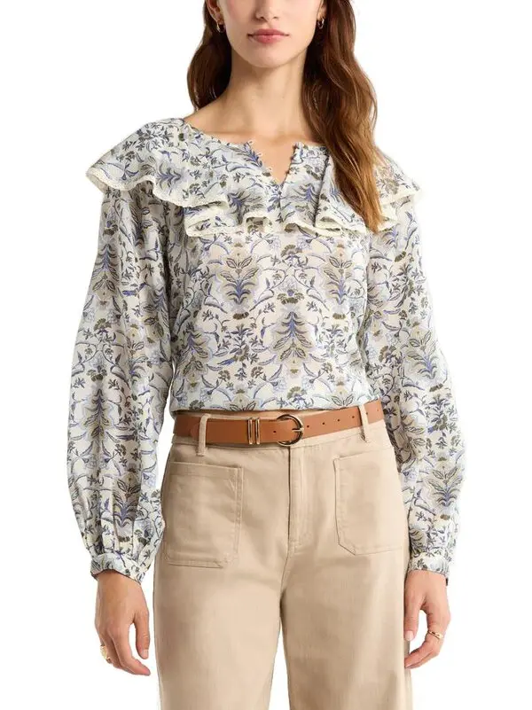 Treasure & Bond Ruffle Collar Blouse - Ivory Shell Willow Floral