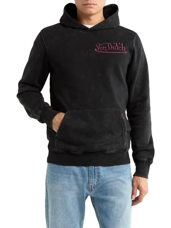 VON DUTCH Embroidered Graphic Fleece Hoodie - Black Mineral Wash