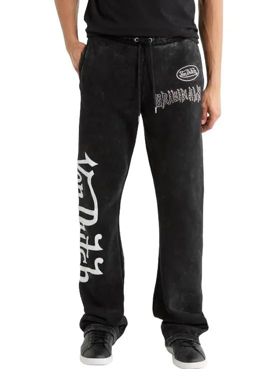 VON DUTCH Studded Mineral Wash Fleece Drawstring Pants - Jet Black Bleach Wash